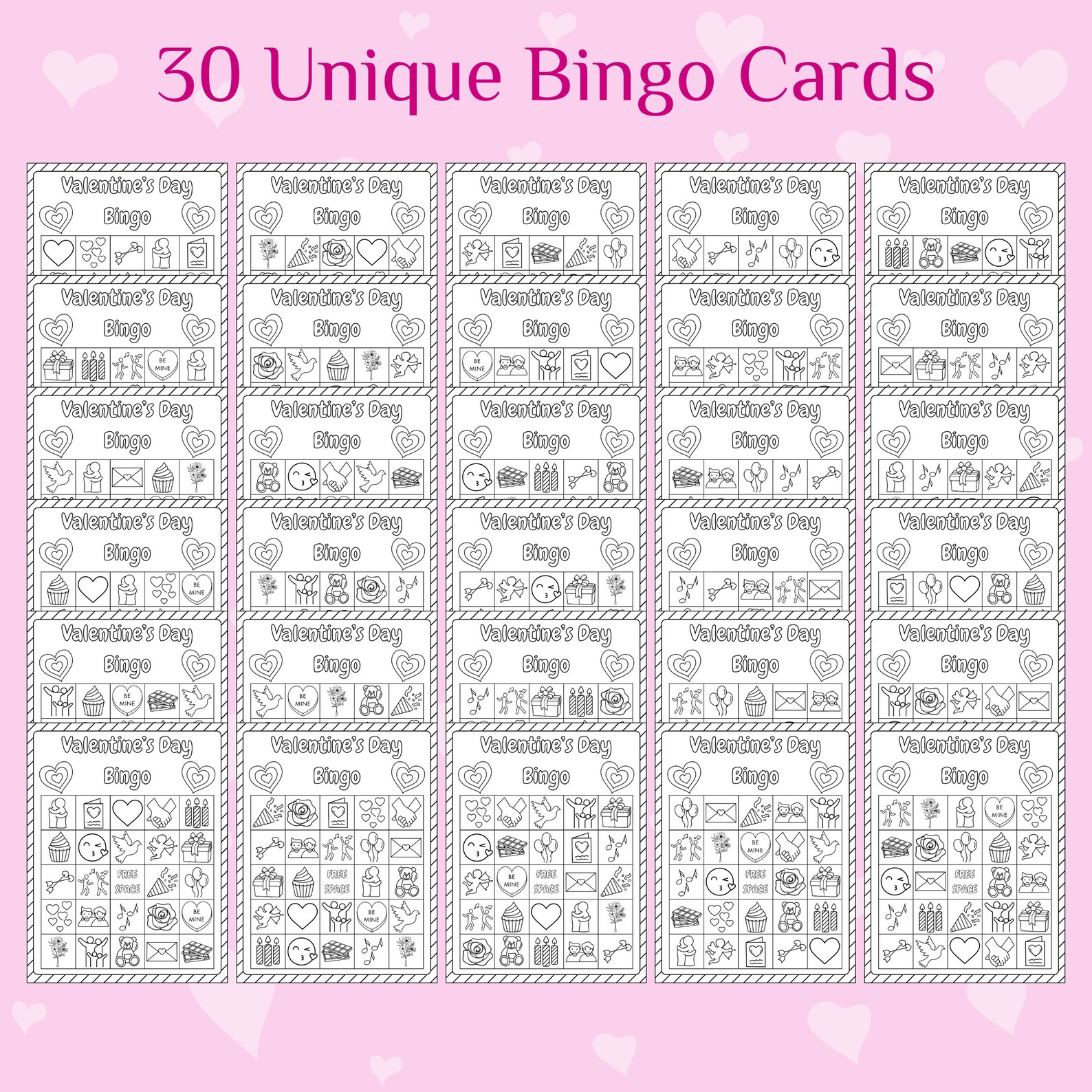 Valentine's Day Bingo Coloring Cards, 30 Unique Cards (digital Download ...