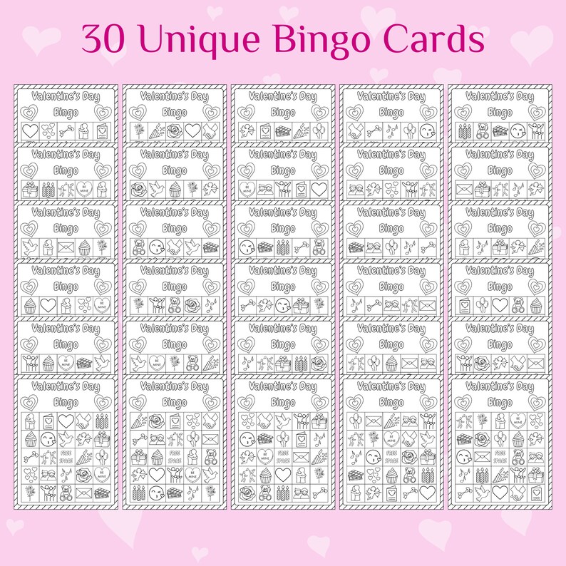 Valentine's Day Bingo Coloring Cards, 30 Unique Cards (digital Download ...