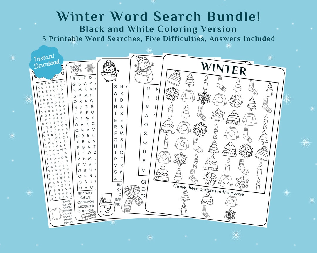 Winter Word Search Bundle, Black & White Printable Download, Winter ...