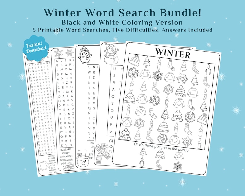 Winter Word Search Bundle, Black & White Printable Download, Winter ...