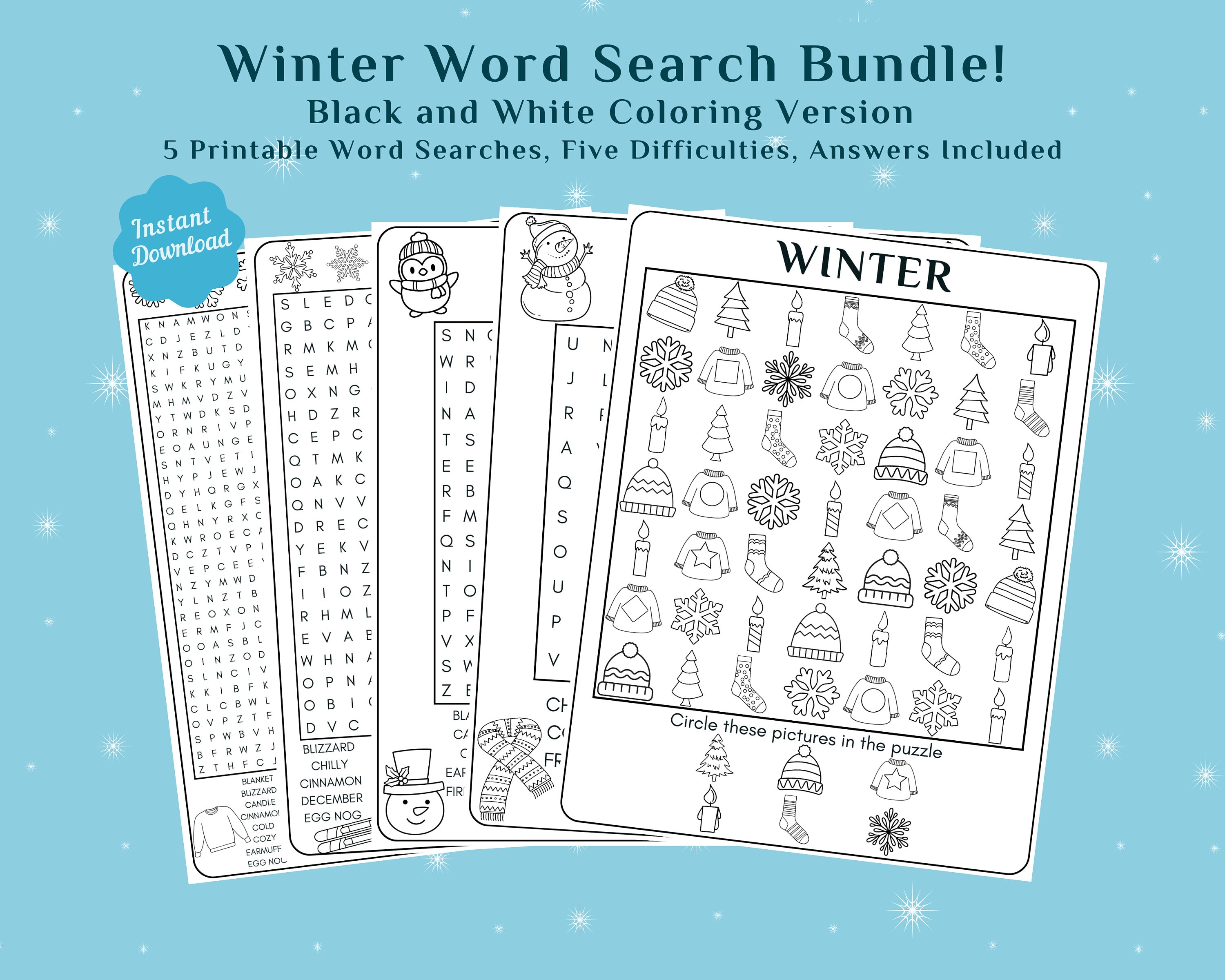 Winter Word Search Bundle, Black & White Printable Download, Winter ...