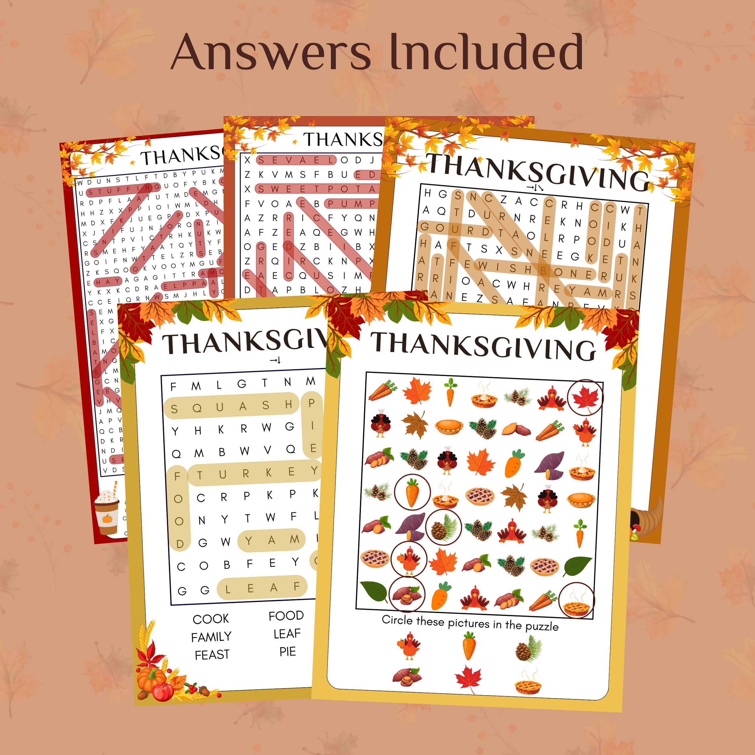 Thanksgiving Word Search Bundle, Printable Digital Download for ...