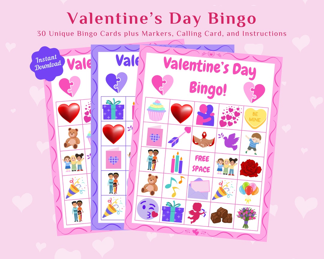 Valentine's Day Bingo Game, 30 Printable Cards, Valentines Day Game for ...