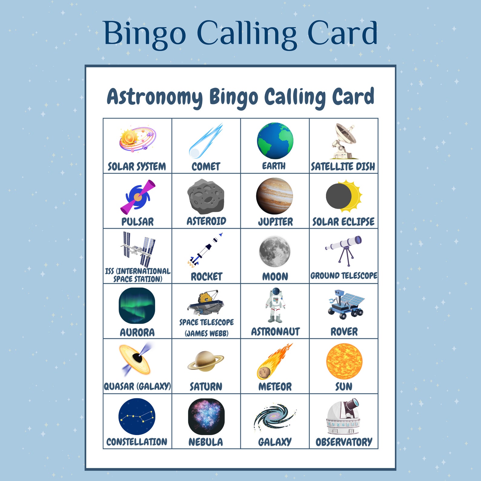 Astronomy Bingo Game, Outer Space Educational Bingo for Family, Friends, and School, Information ...