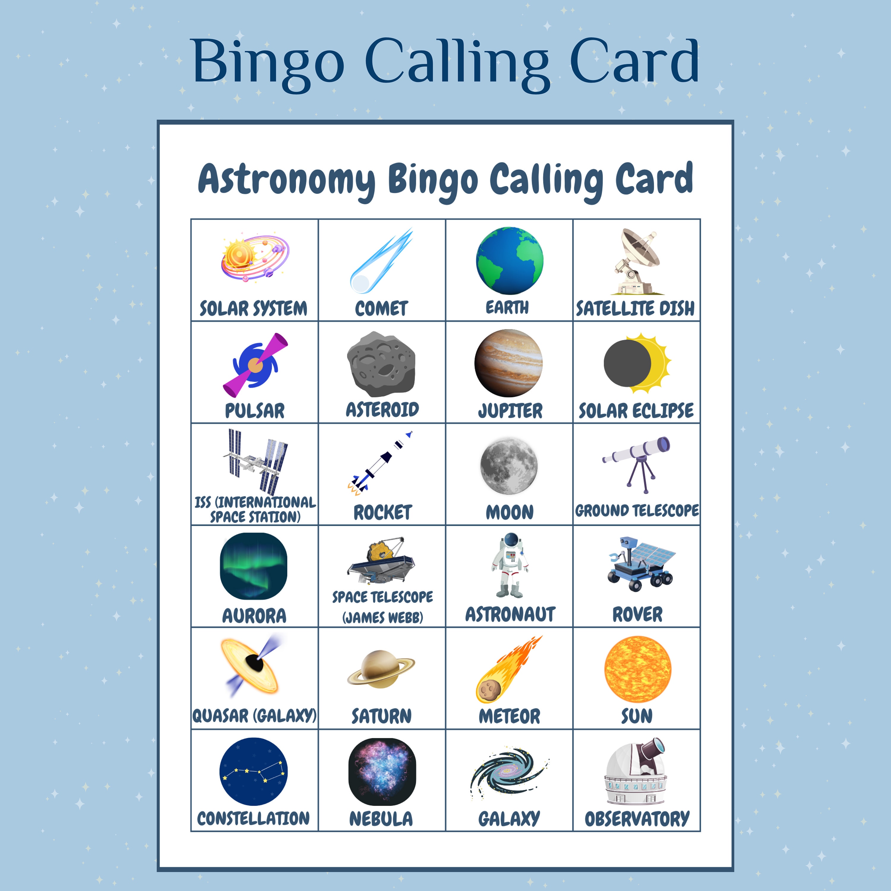 Astronomy Bingo Game, Outer Space Educational Bingo for Family, Friends ...