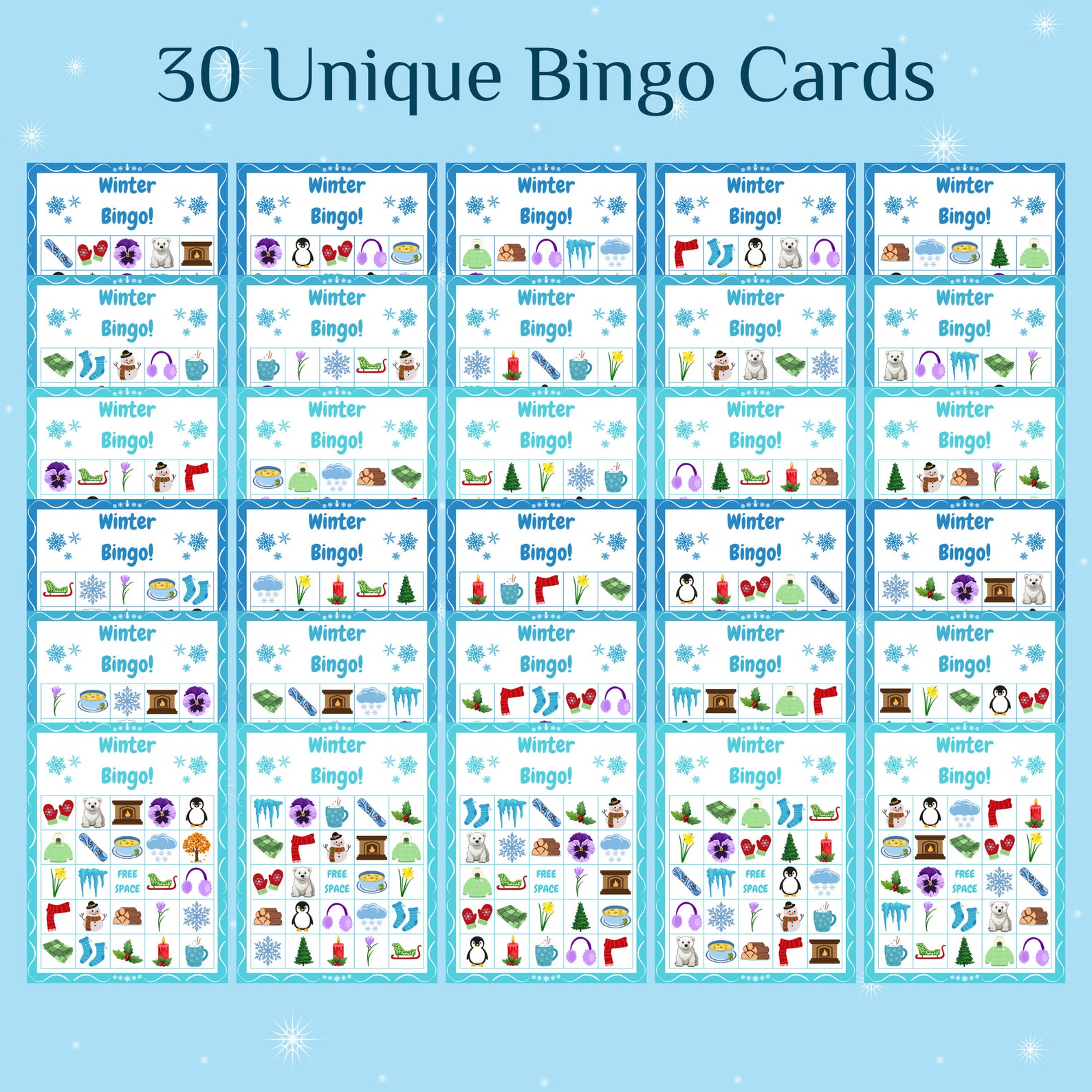 Winter Bingo, 30 Printable Bingo Cards, Winter Games for Family and ...
