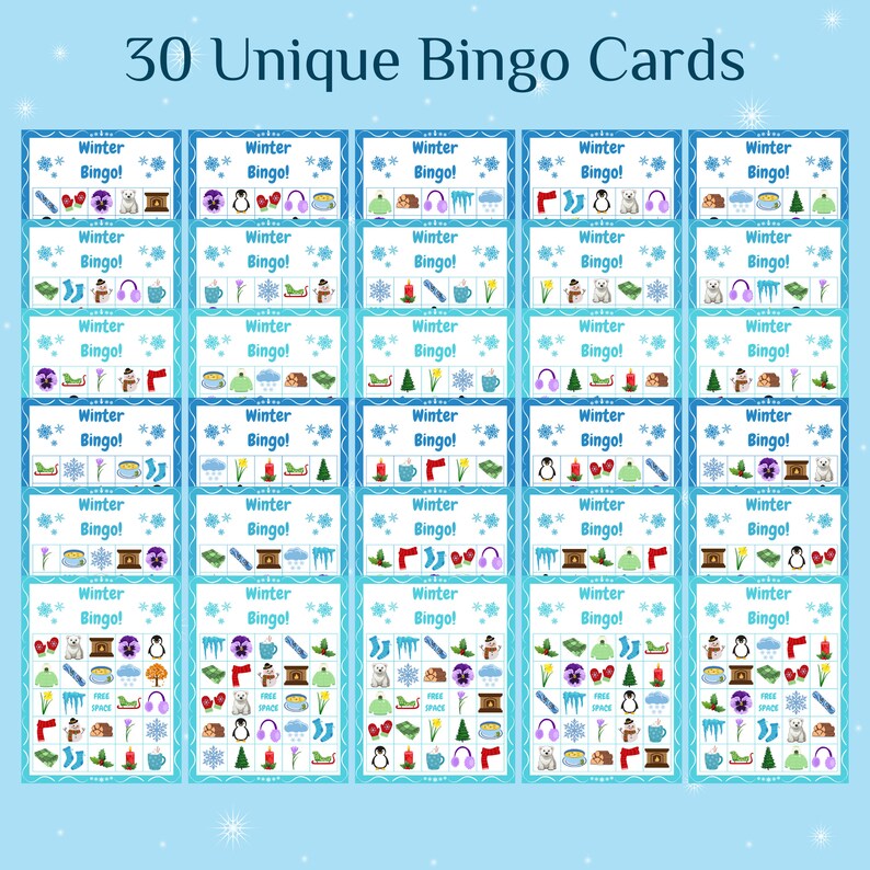 Winter Bingo, 30 Printable Bingo Cards, Winter Games for Family and ...