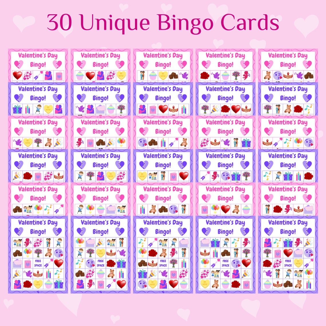 Valentine's Day Bingo Game, 30 Printable Cards, Valentines Day Game for ...