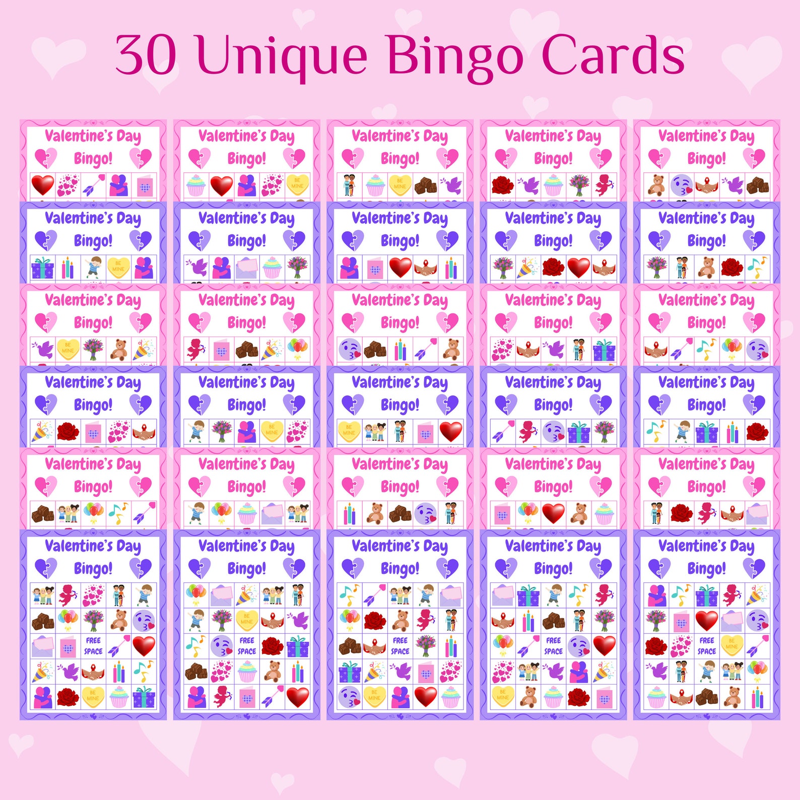 Valentine's Day Bingo Game, 30 Printable Cards, Valentines Day Game for ...