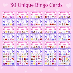 Valentine's Day Bingo Game, 30 Printable Cards, Valentines Day Game for ...