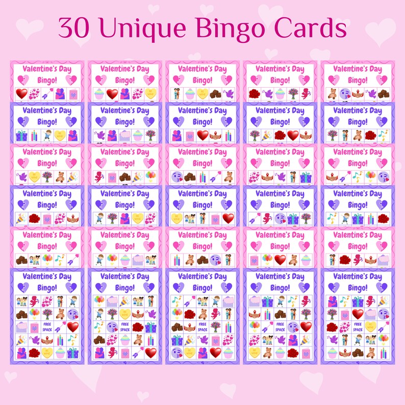 Valentine's Day Bingo Game, 30 Printable Cards, Valentines Day Game for ...