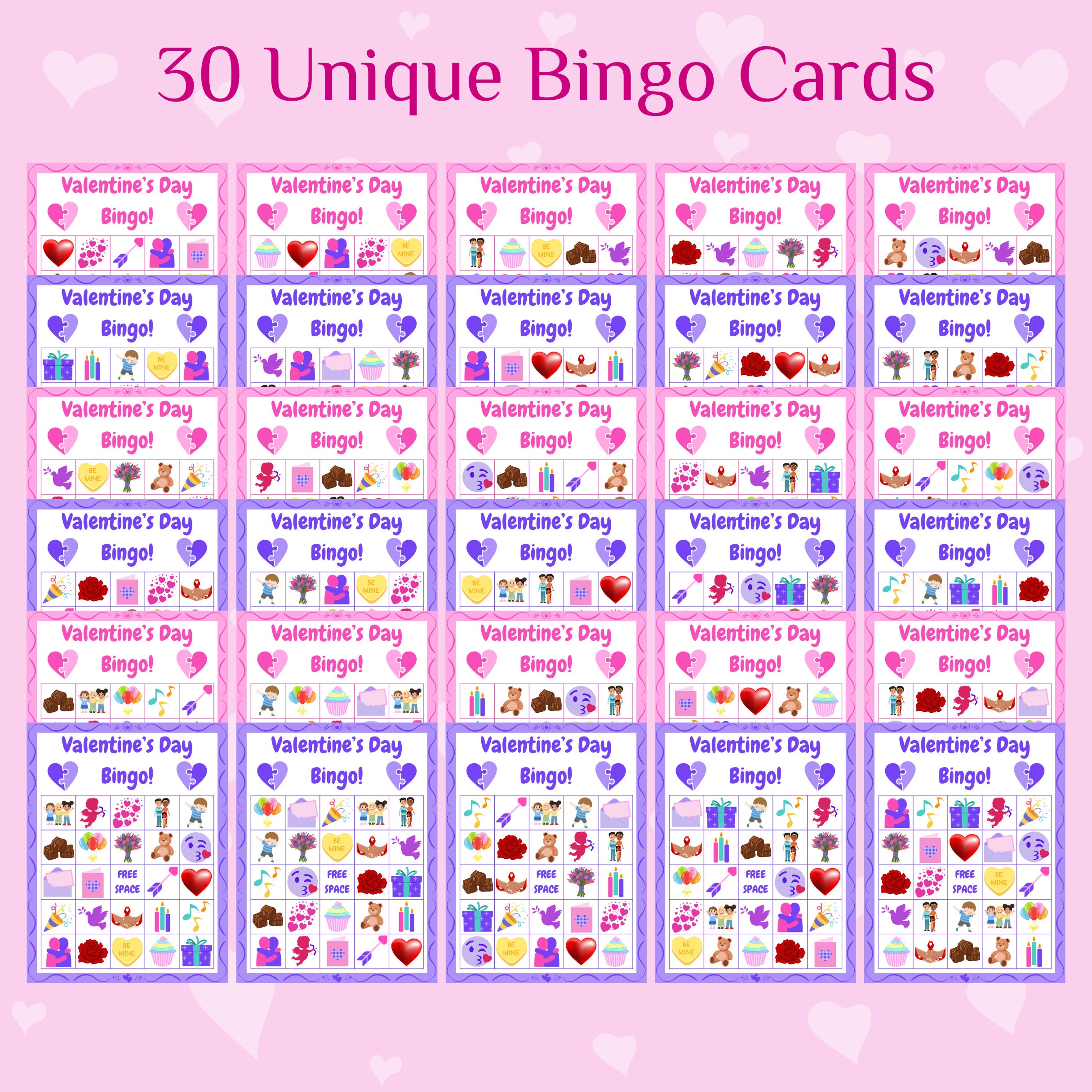 Valentine's Day Bingo Game, 30 Printable Cards, Valentines Day Game for ...