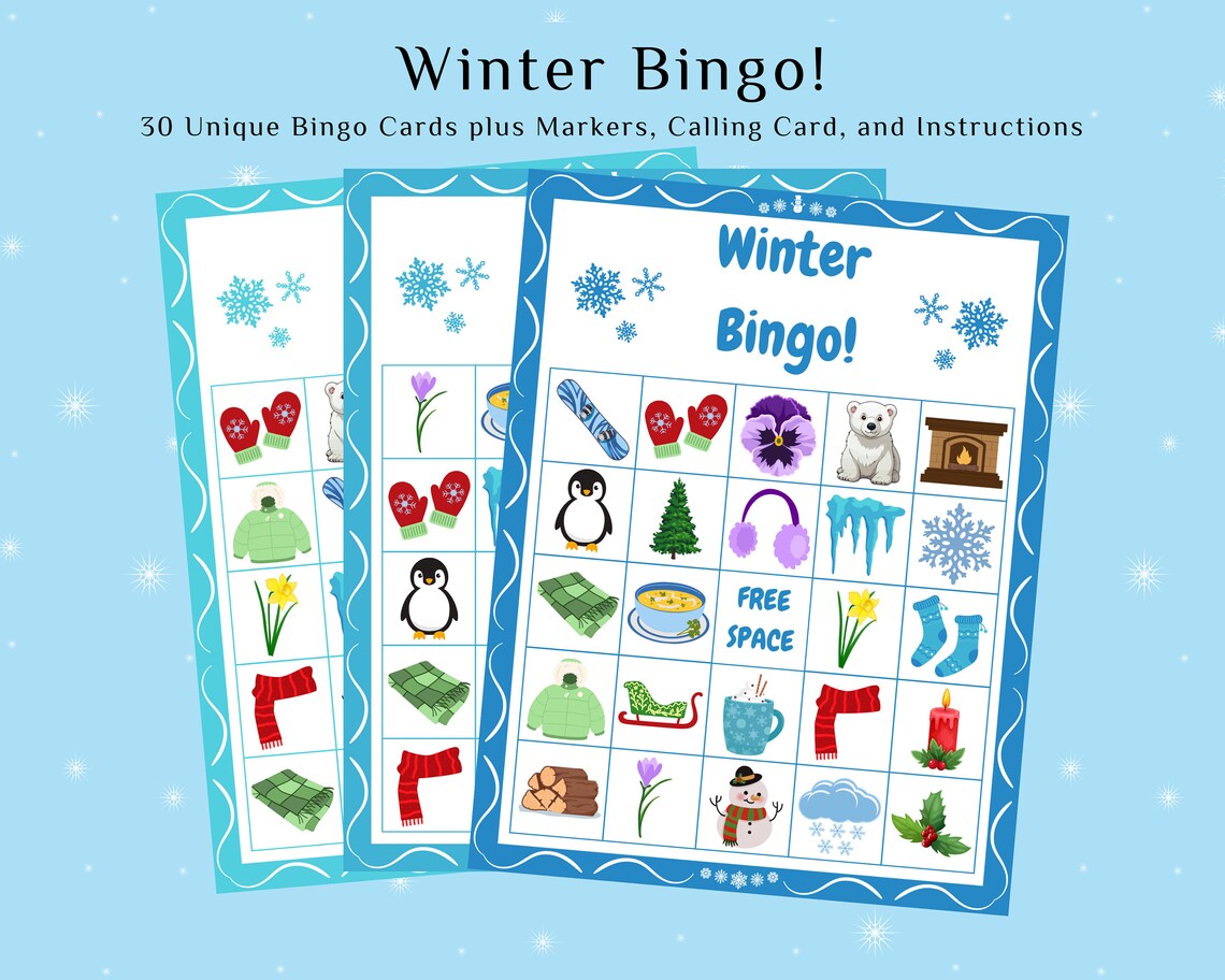 Winter Bingo, 30 Printable Bingo Cards, Winter Games for Family and ...