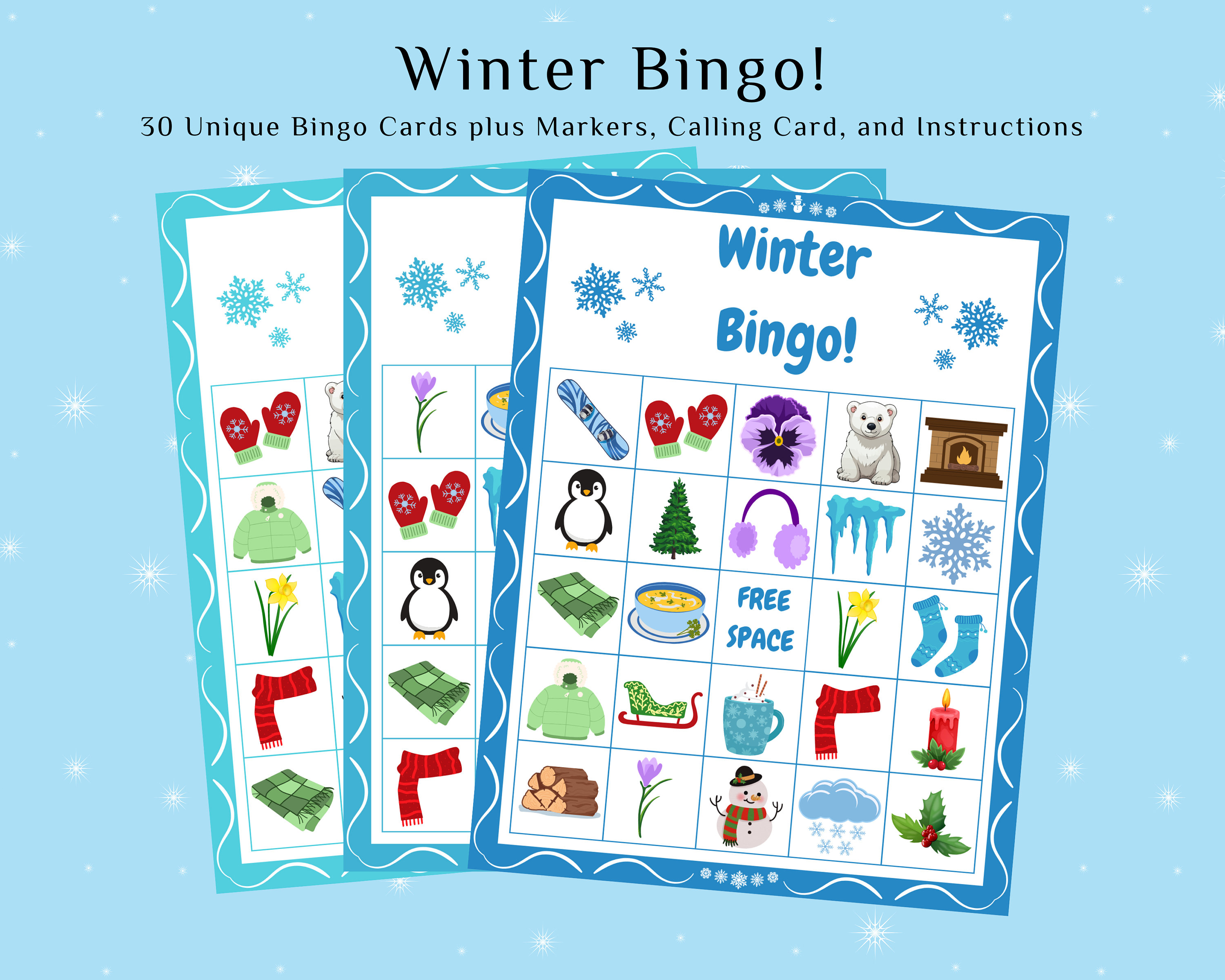 Winter Bingo, 30 Printable Bingo Cards, Winter Games for Family and ...