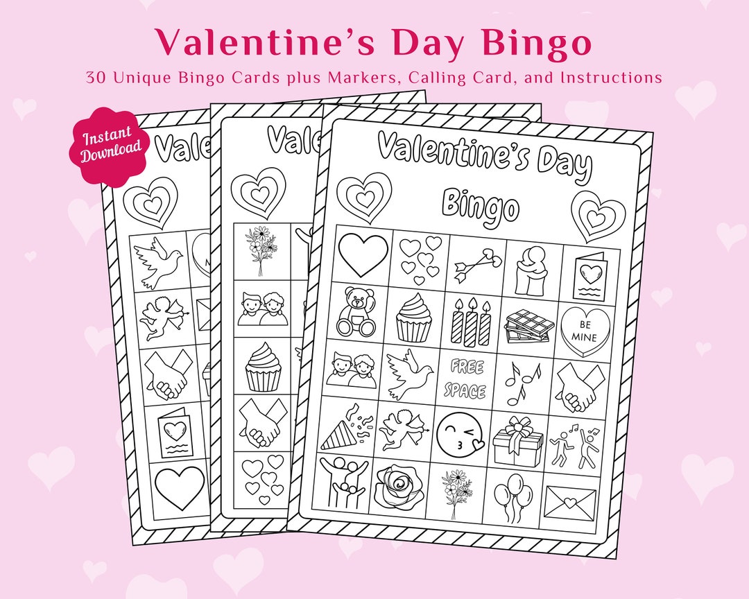 Valentine's Day Bingo Coloring Cards, 30 Unique Game Cards to Color ...