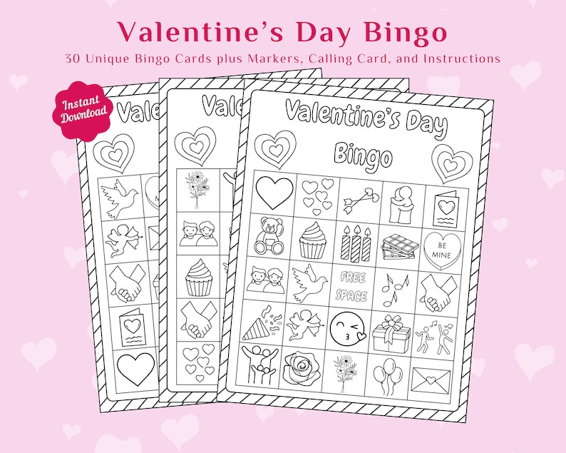 Valentine's Day Bingo Coloring Cards, 30 Unique Game Cards to Color ...