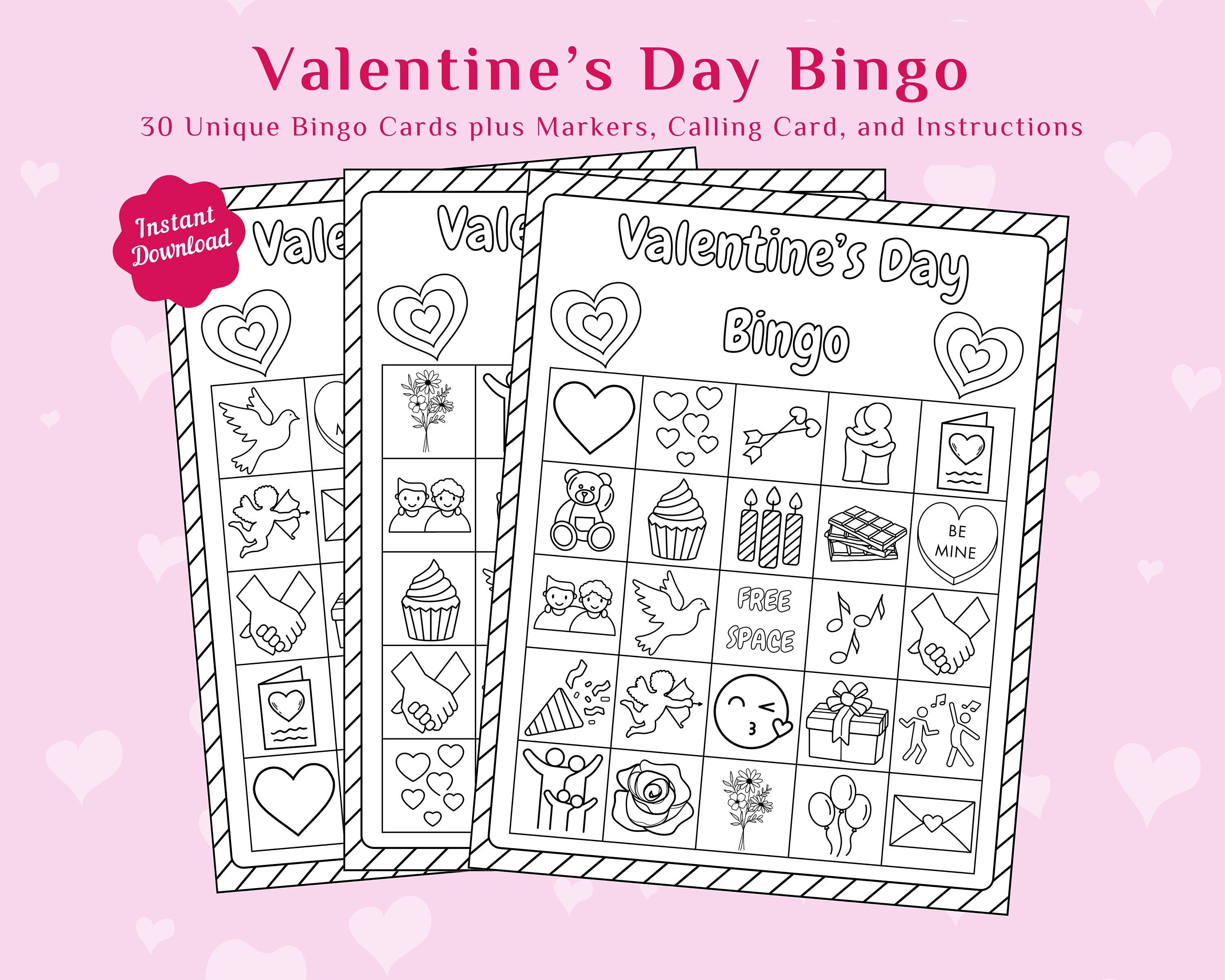 Valentine's Day Bingo Coloring Cards, 30 Unique Cards (digital Download ...