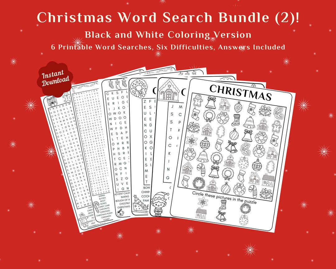Christmas Word Search Bundle 2, Black & White Printable Download ...