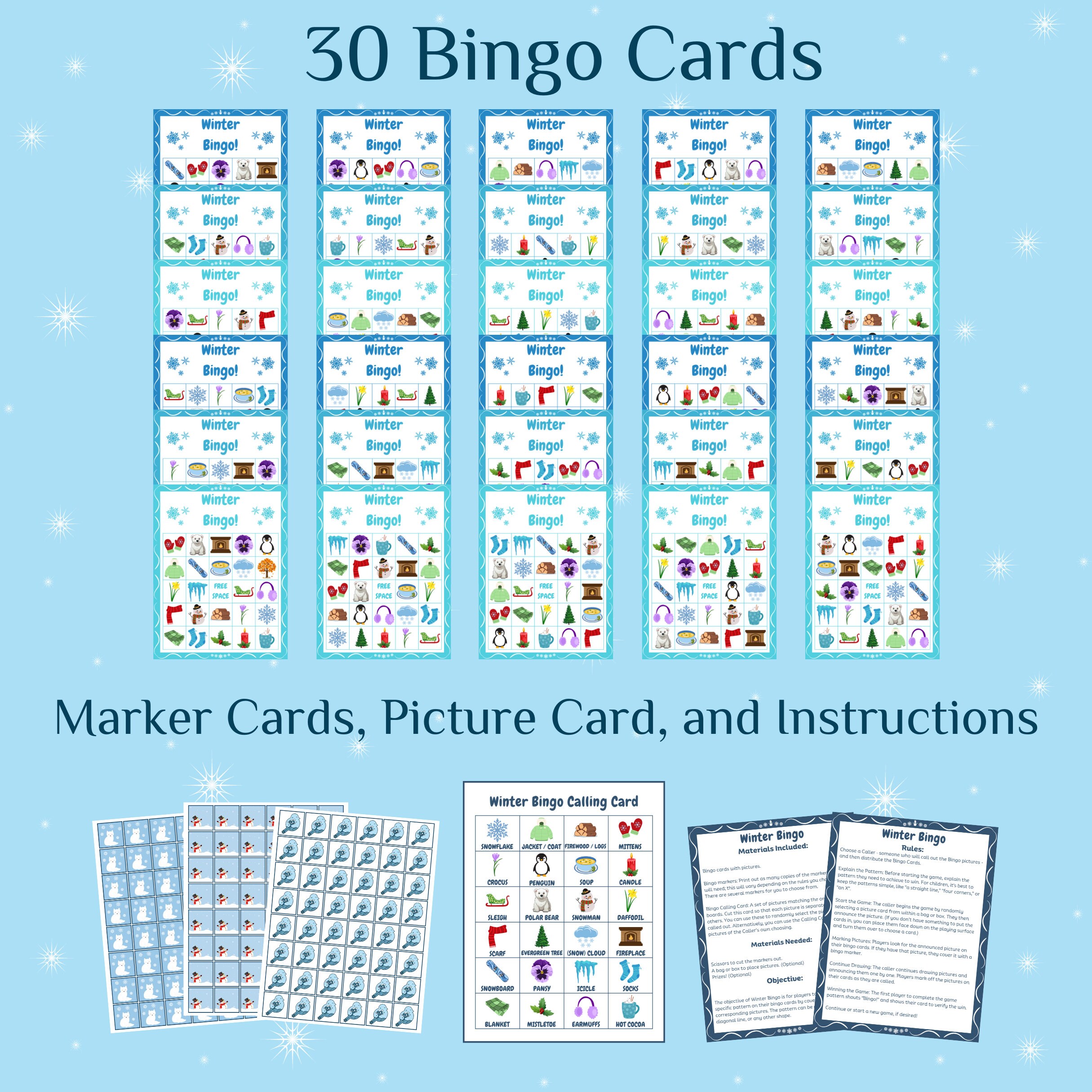 Winter Bingo, 30 Printable Bingo Cards, Winter Games for Family and ...