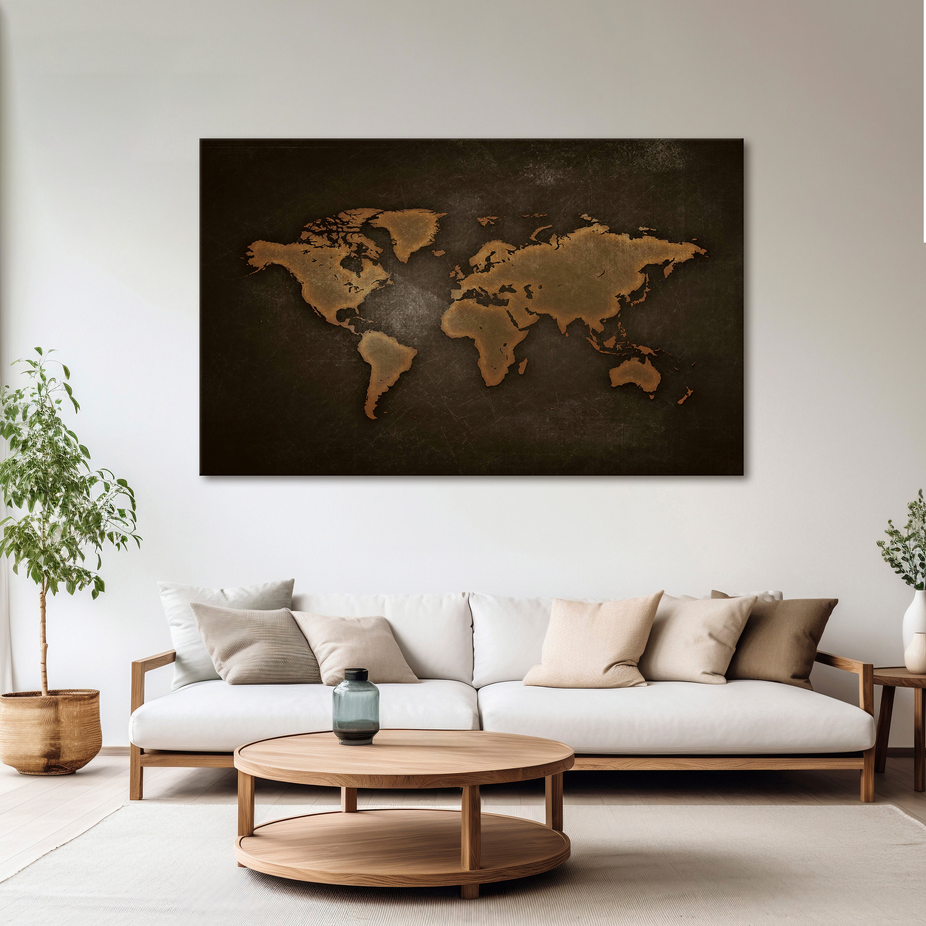 World Map, Leather Looking World Map, Vintage Framed World Map, Brown ...