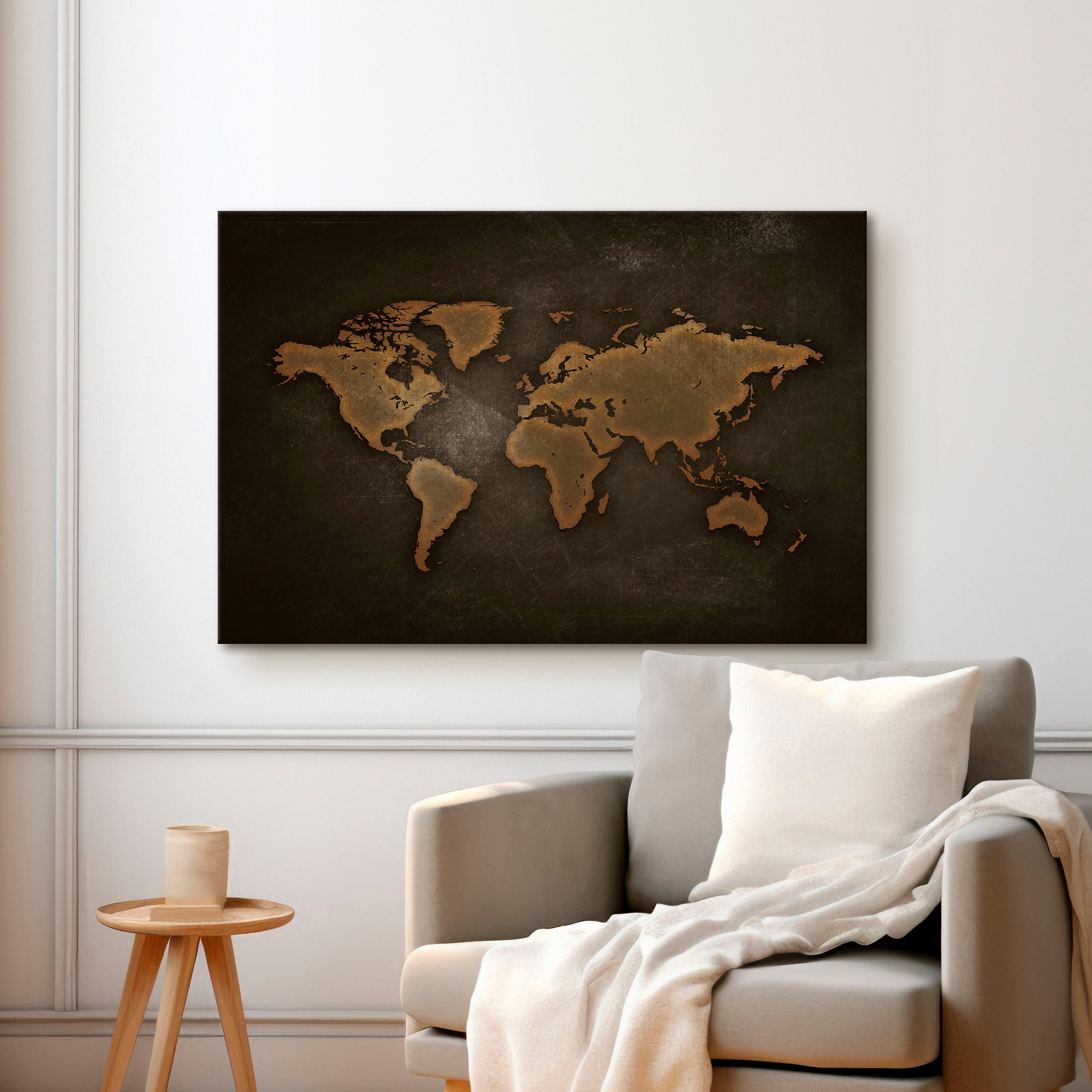 World Map, Leather Looking World Map, Vintage Framed World Map, Brown ...