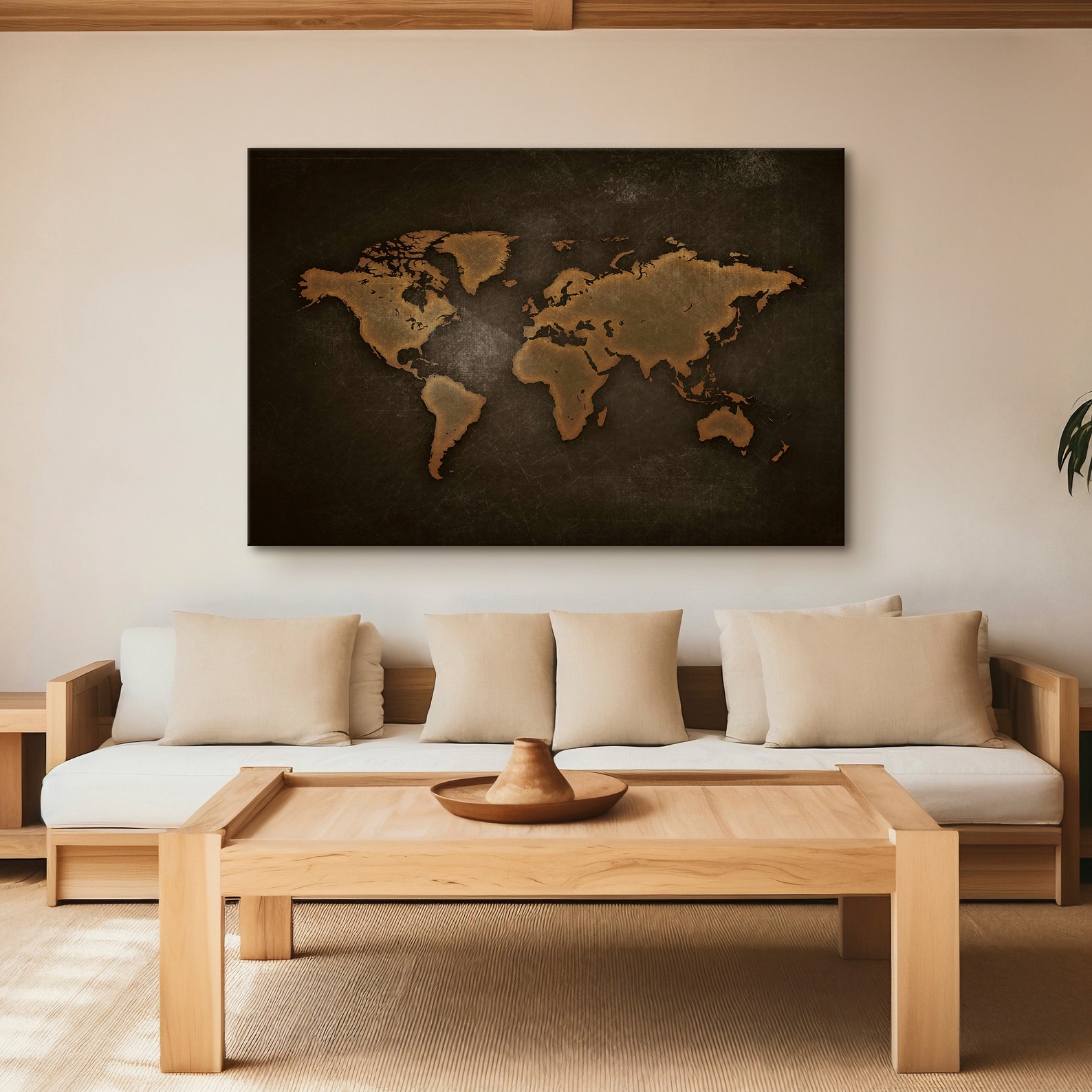 World Map, Leather Looking World Map, Vintage Framed World Map, Brown ...