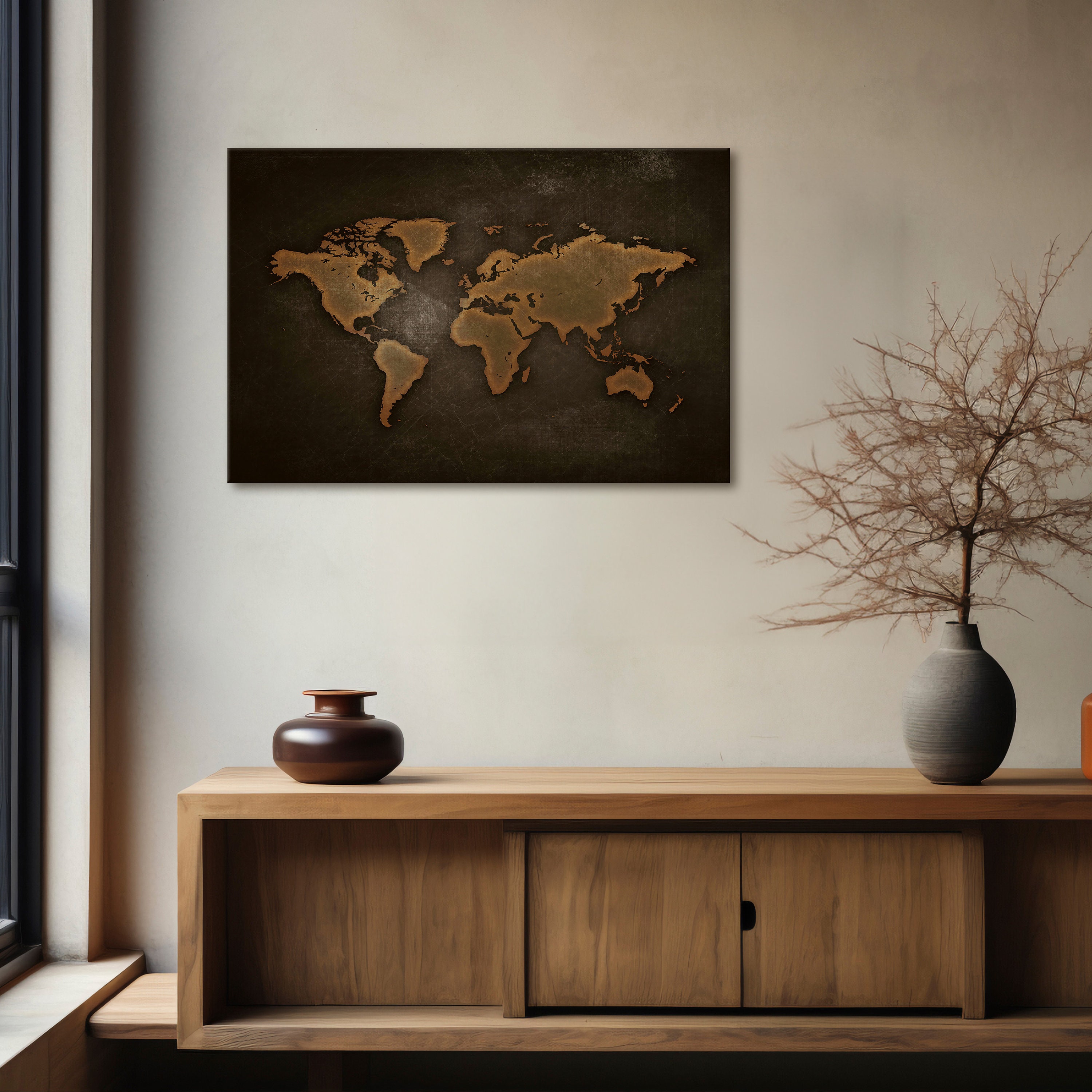 World Map, Leather Looking World Map, Vintage Framed World Map, Brown ...