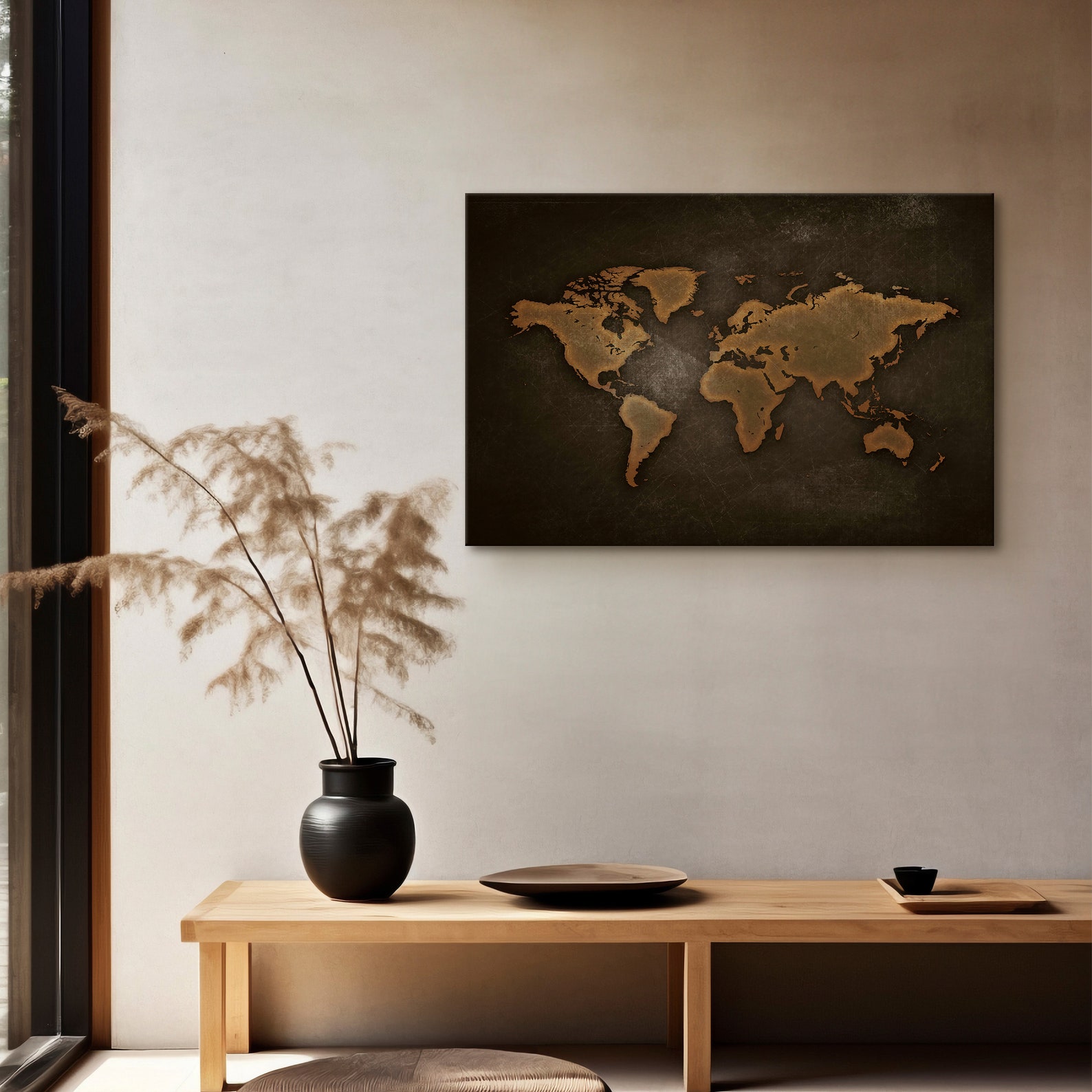 World Map, Leather Looking World Map, Vintage Framed World Map, Brown ...