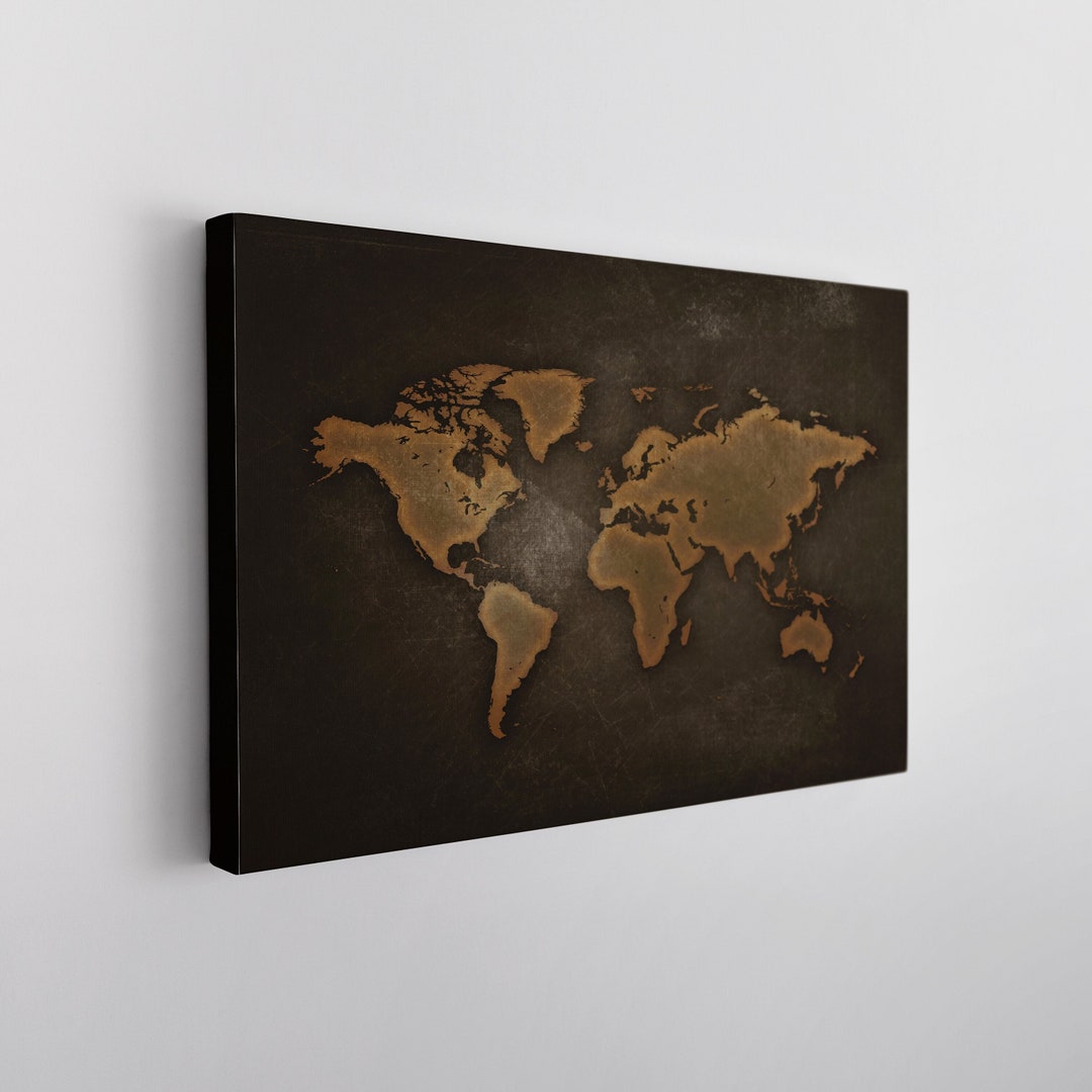 World Map, Leather Looking World Map, Vintage Framed World Map, Brown ...