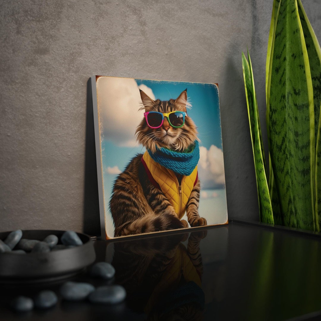 Funny Cat Art on Canvas Cute Cat Portrait Cat Framed Wall Art Animal ...