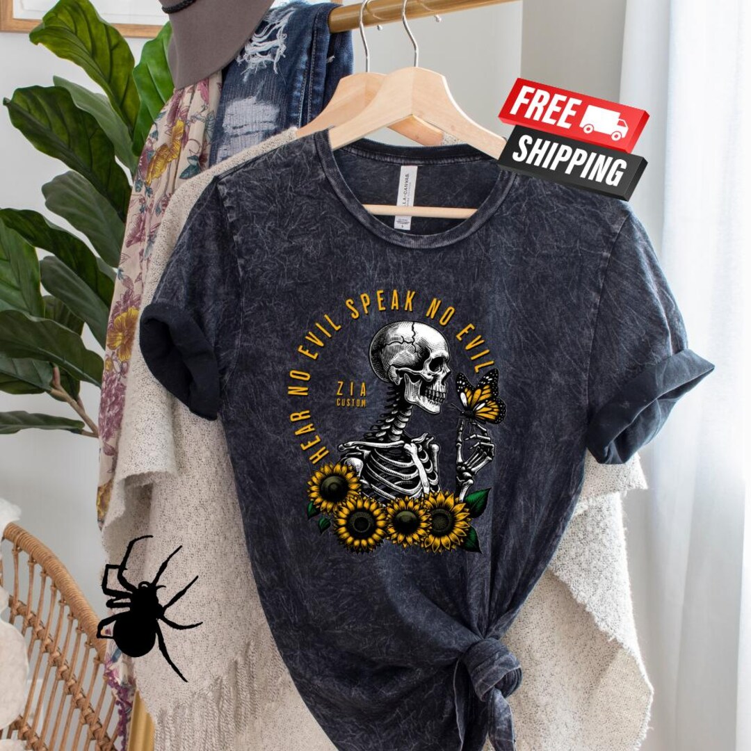 Hear No Evil Skeleton Mineral Wash Tee,halloween Tshirt,floral ...