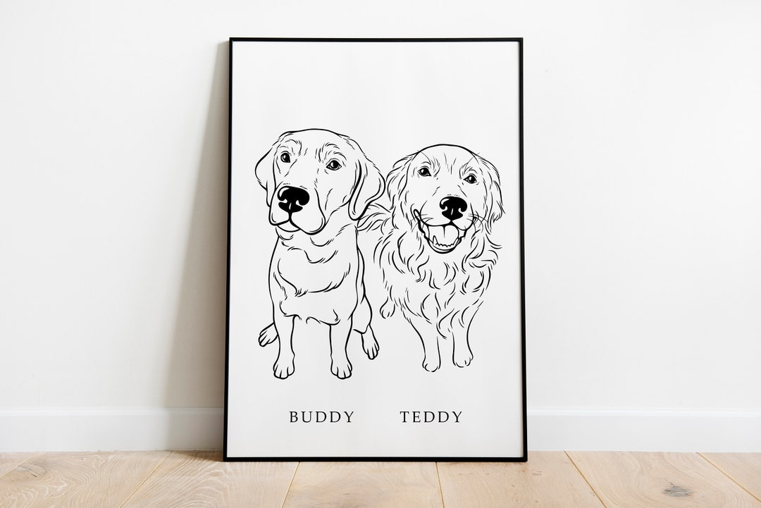Сustom 2 Pets Potrait, 2 Dogs Together Drawing, Dog Line Art, Dog ...