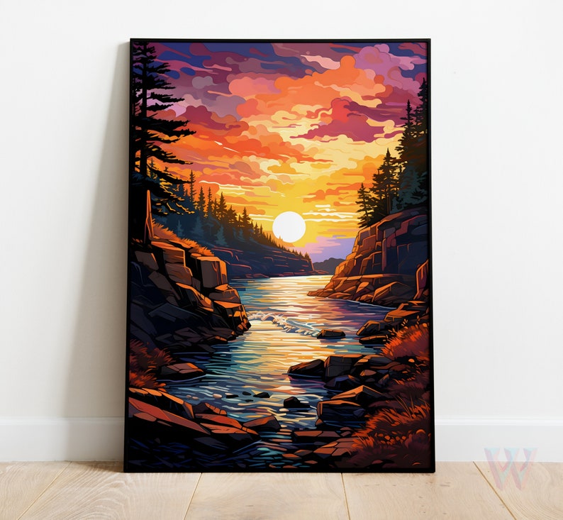 Printable Acadia National Park Illustration, Sunset Scenery Digital Art ...