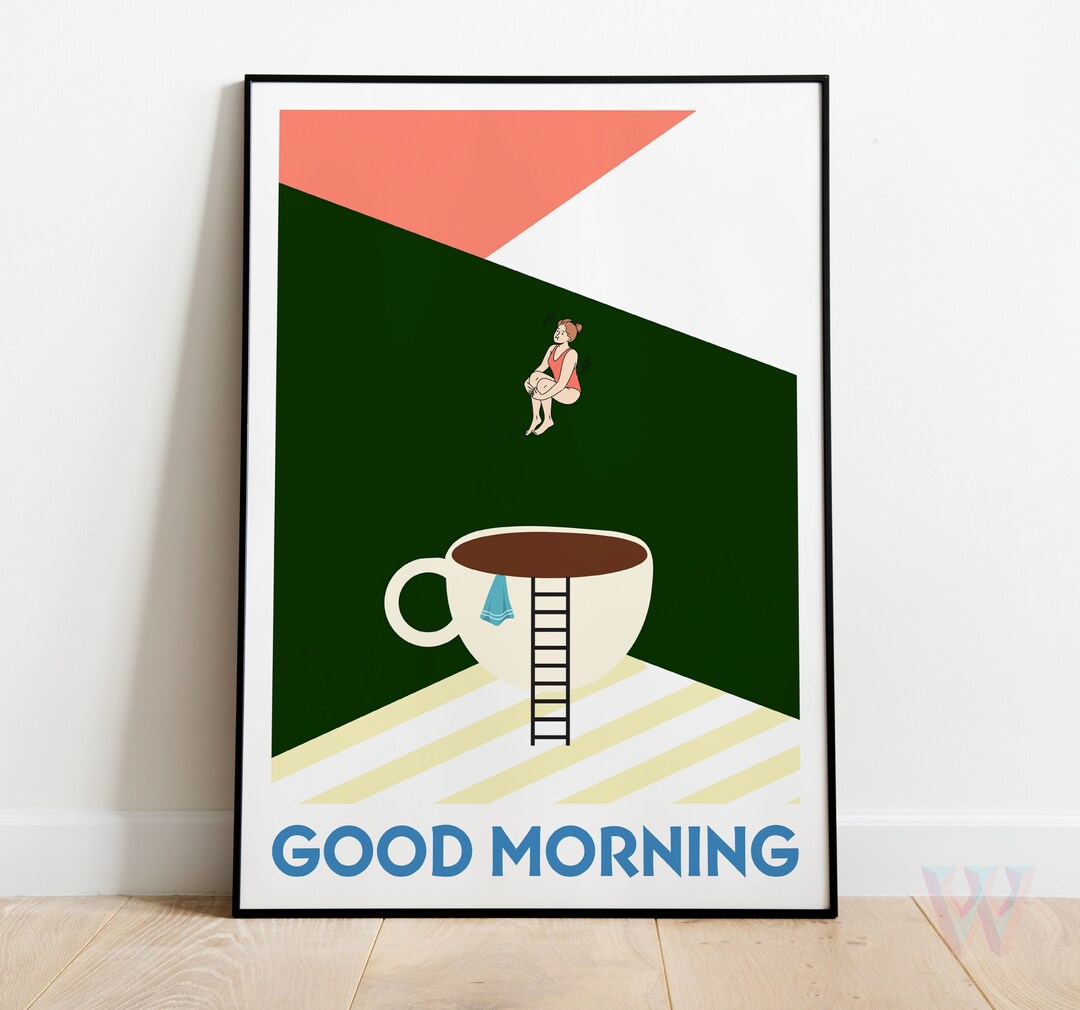 Good Morning Coffee Art Print A4 Digital Retro Diver Poster, Whimsical ...