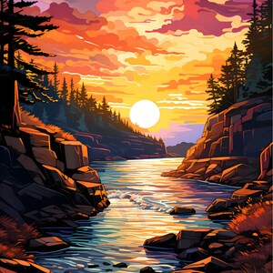 Printable Acadia National Park Illustration, Sunset Scenery Digital Art ...