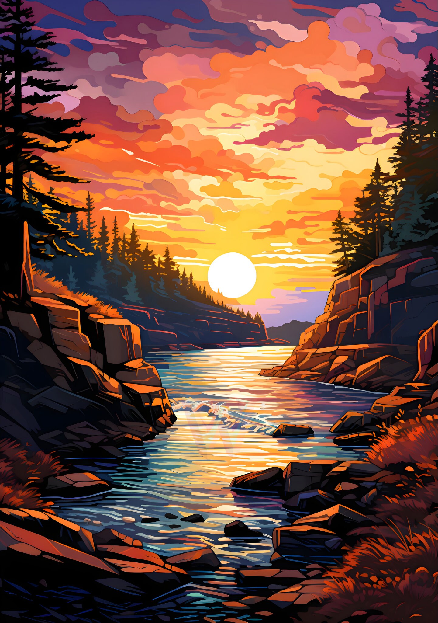 Printable Acadia National Park Illustration, Sunset Scenery Digital Art ...