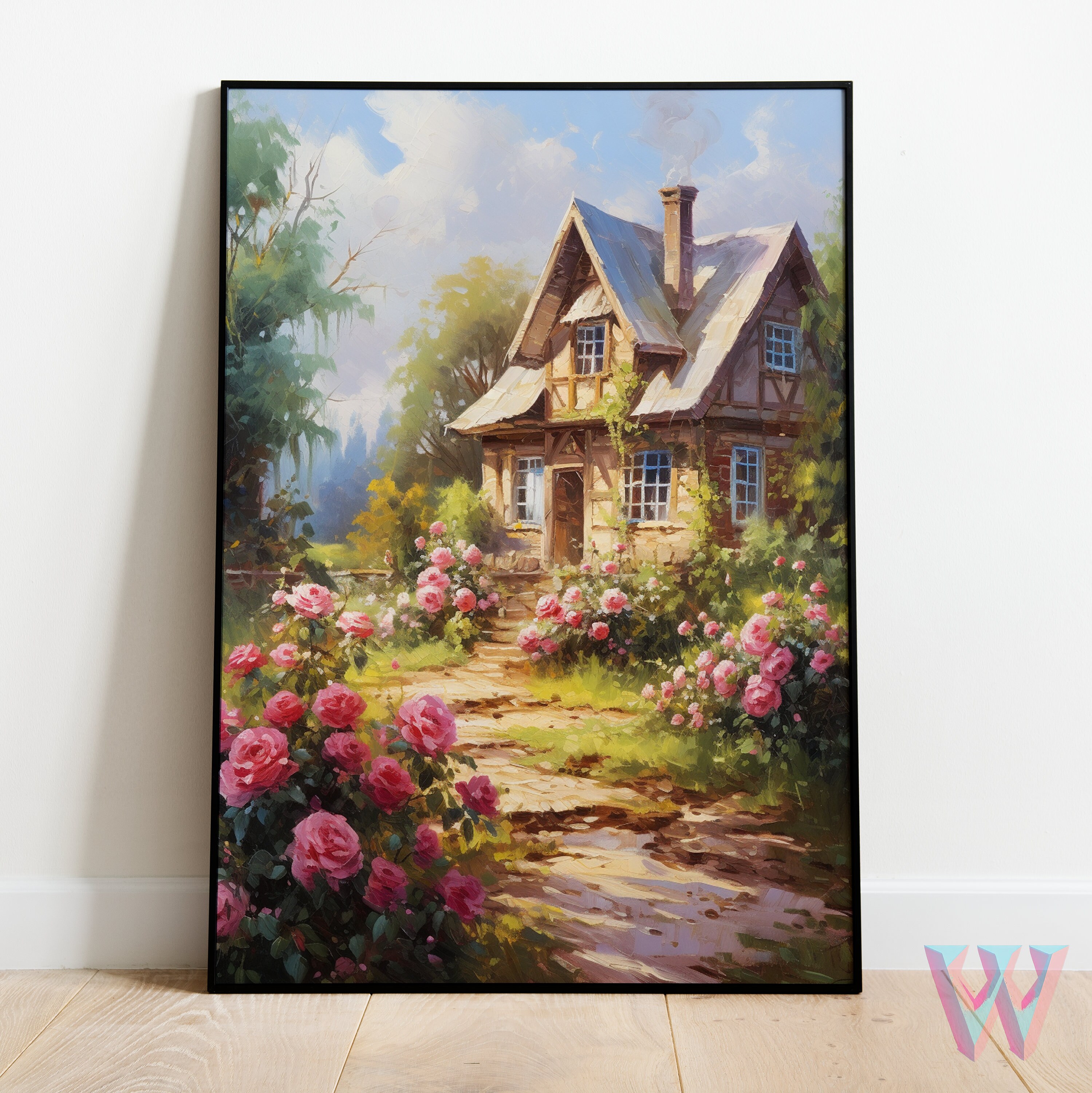Cottage Oil Painting Poster, Rustic & Blooming Roses Digital Art Shabby ...
