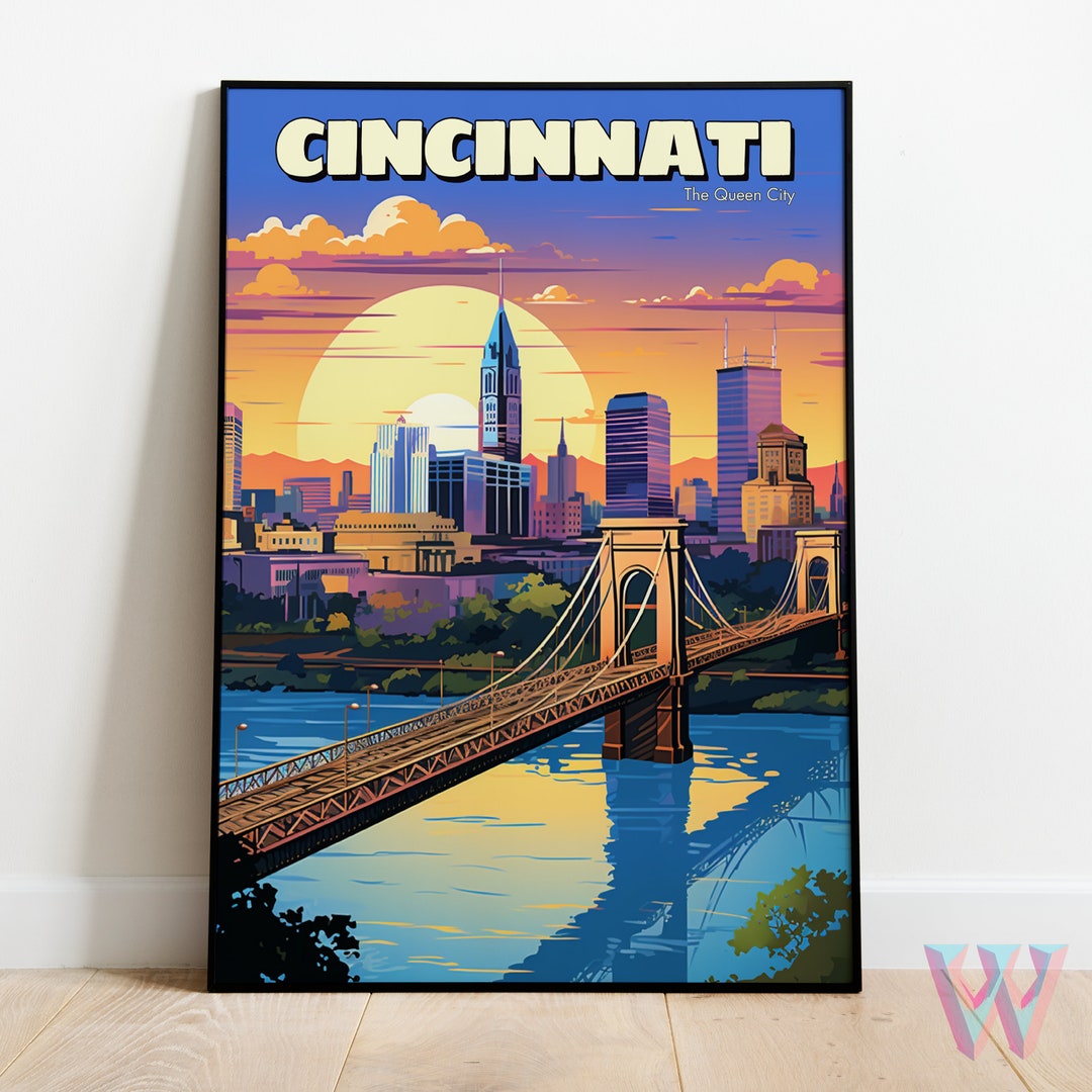 Cincinnati Poster Sunset Skyline Art Print, the Queen City Bridge Wall ...