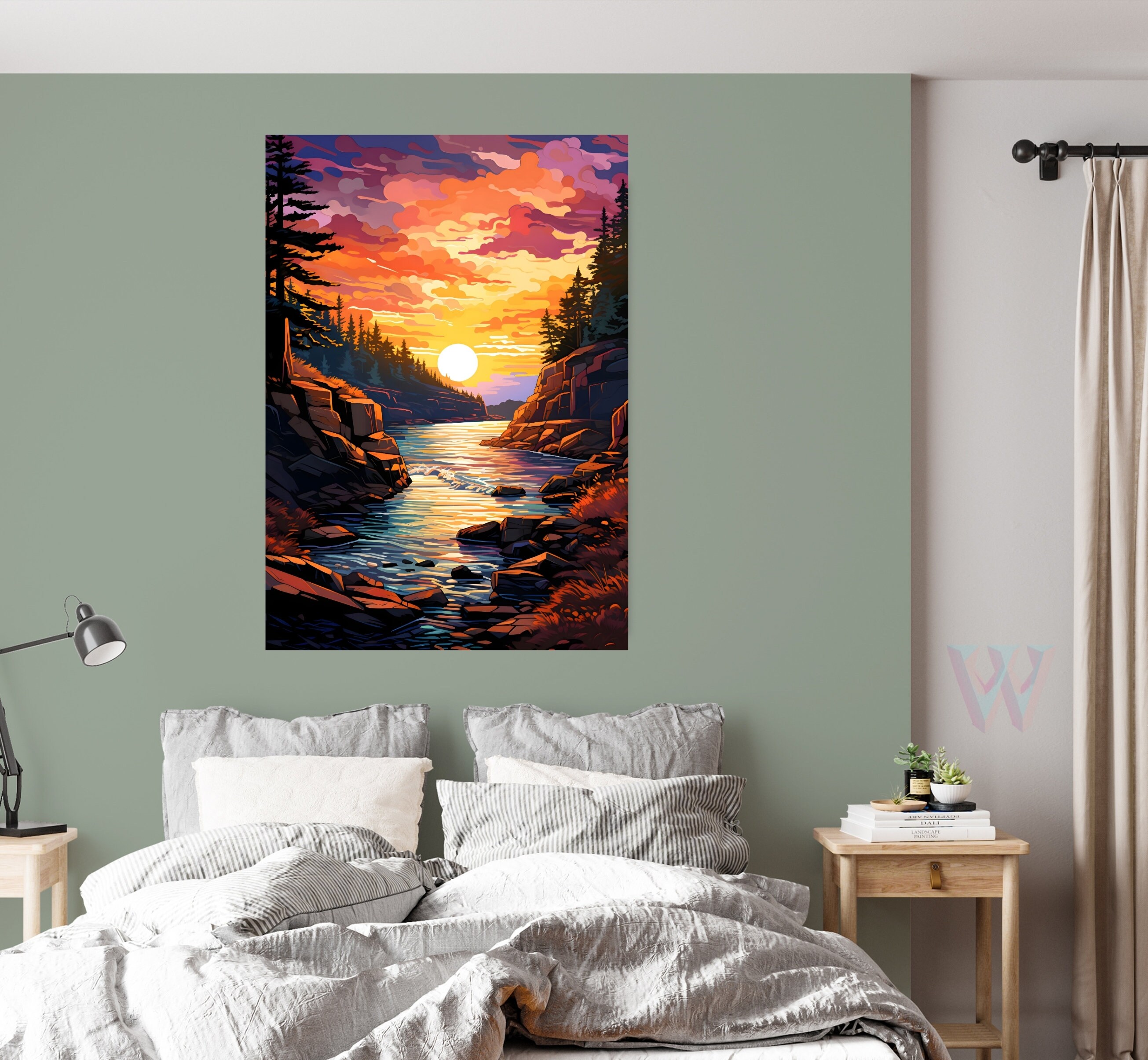 Printable Acadia National Park Illustration, Sunset Scenery Digital Art ...