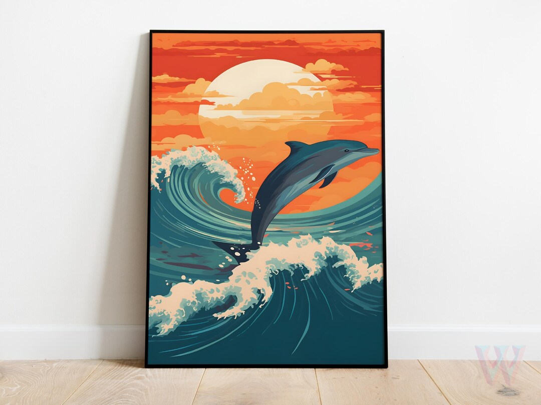 Dolphin Poster and Wall Art, Digital Ocean Blue Teal Aqua Home Decor ...