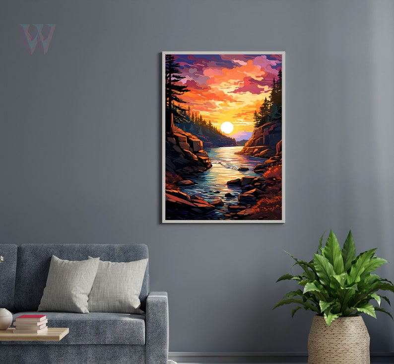Printable Acadia National Park Illustration, Sunset Scenery Digital Art ...