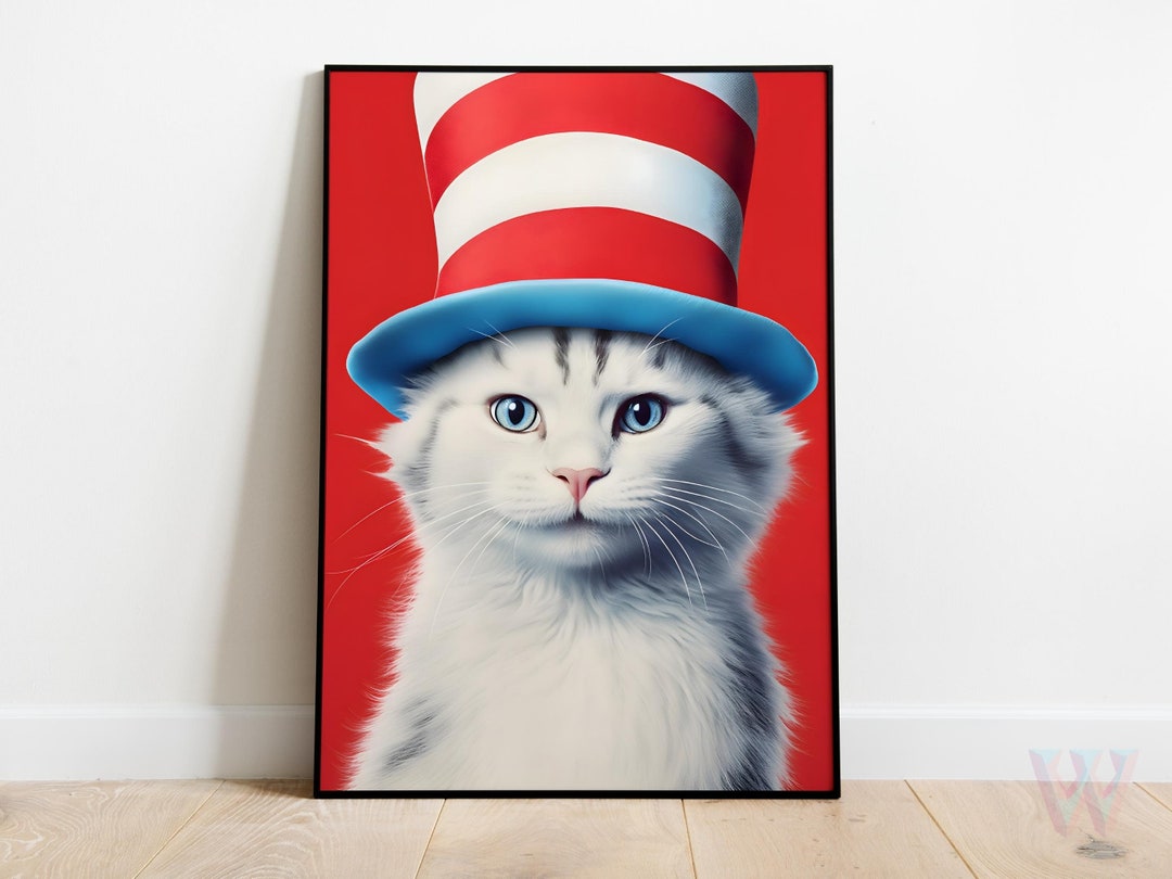 Cat in the Hat Poster, Whimsical Wall Art, Fun Cat Art Print, Red and ...