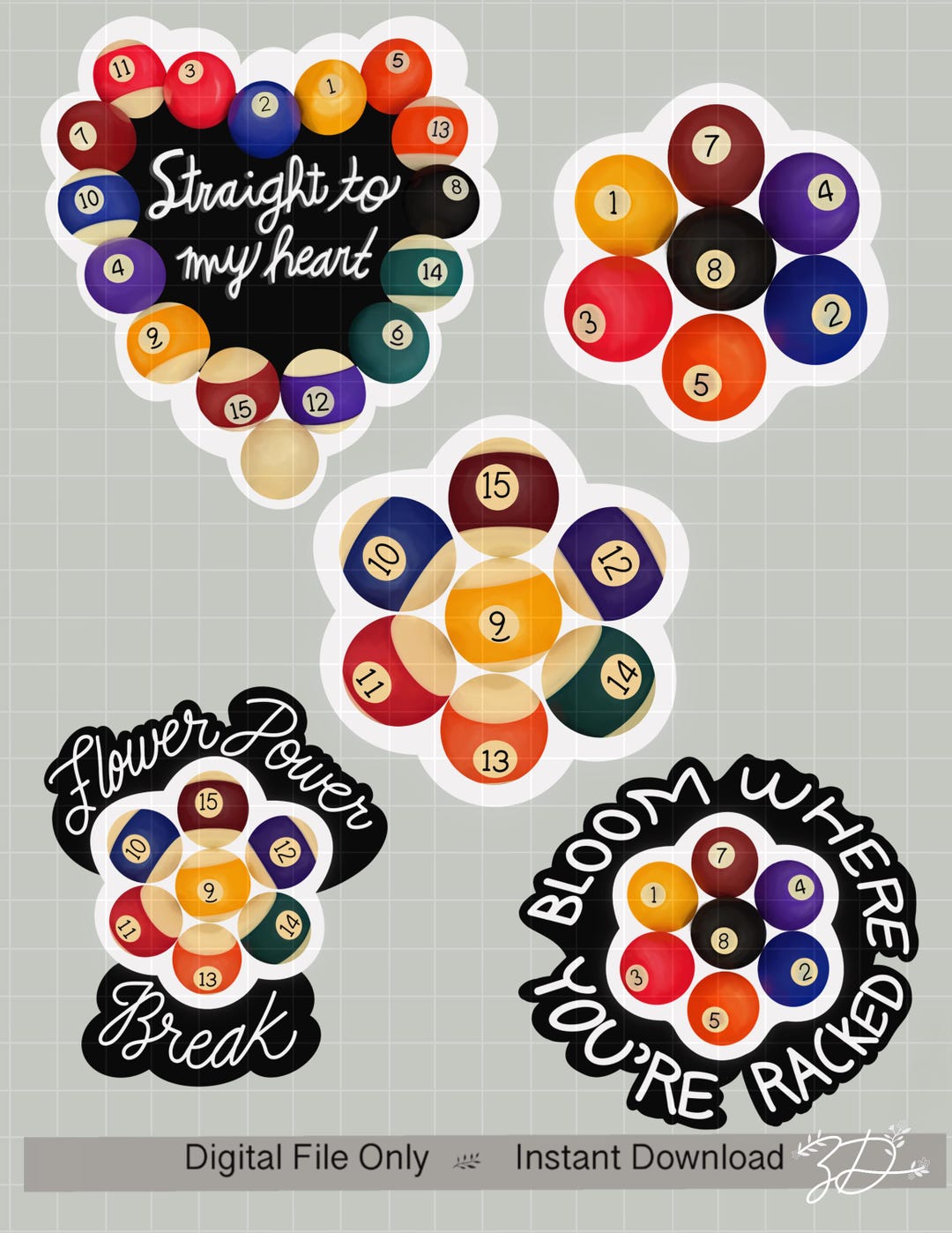Billiards Pool Digital Stickers PNG | Heart Pool Ball Sticker Pack ...