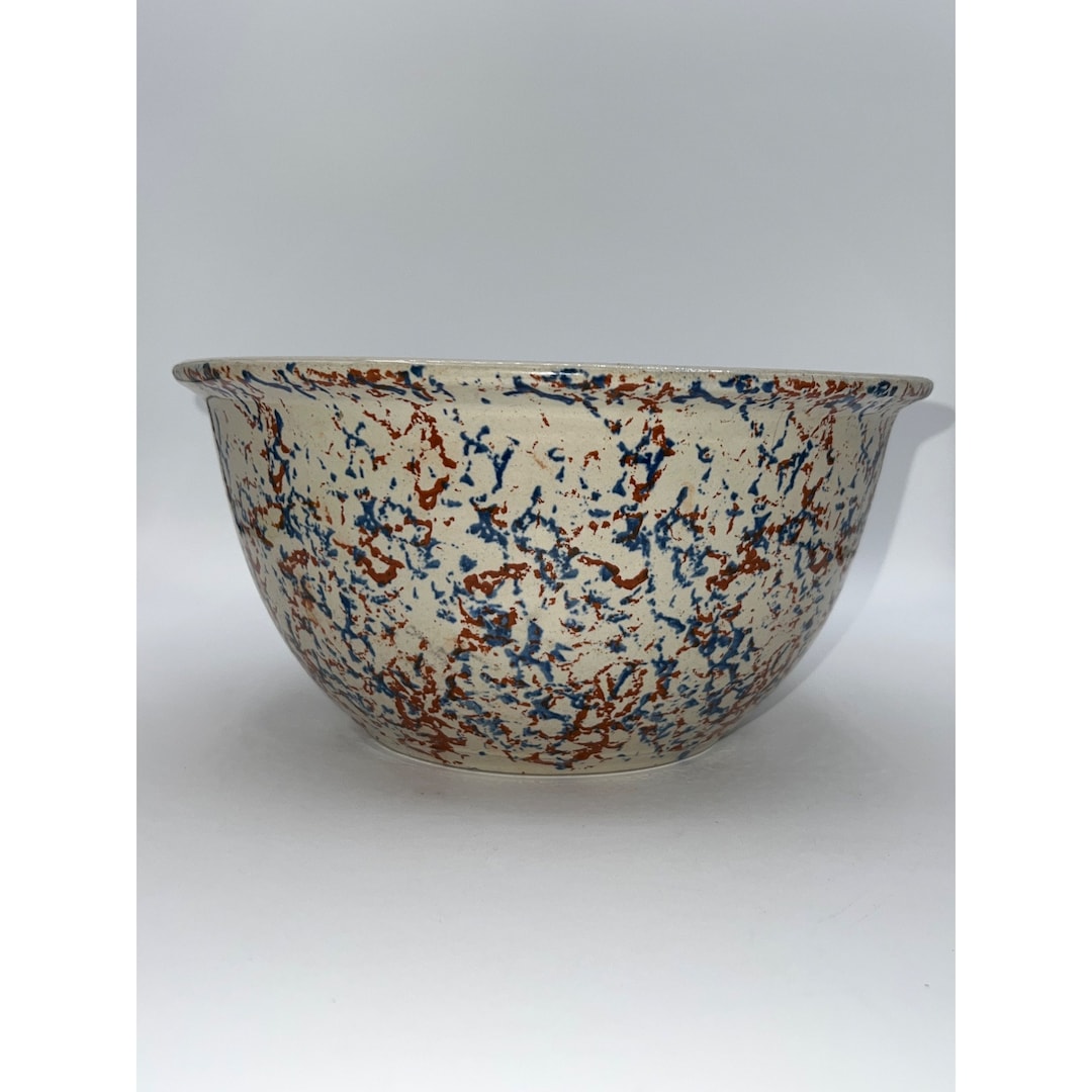 Large Vintage Western Stoneware Blue Brown Spongeware Mixing Bowl 10in ...