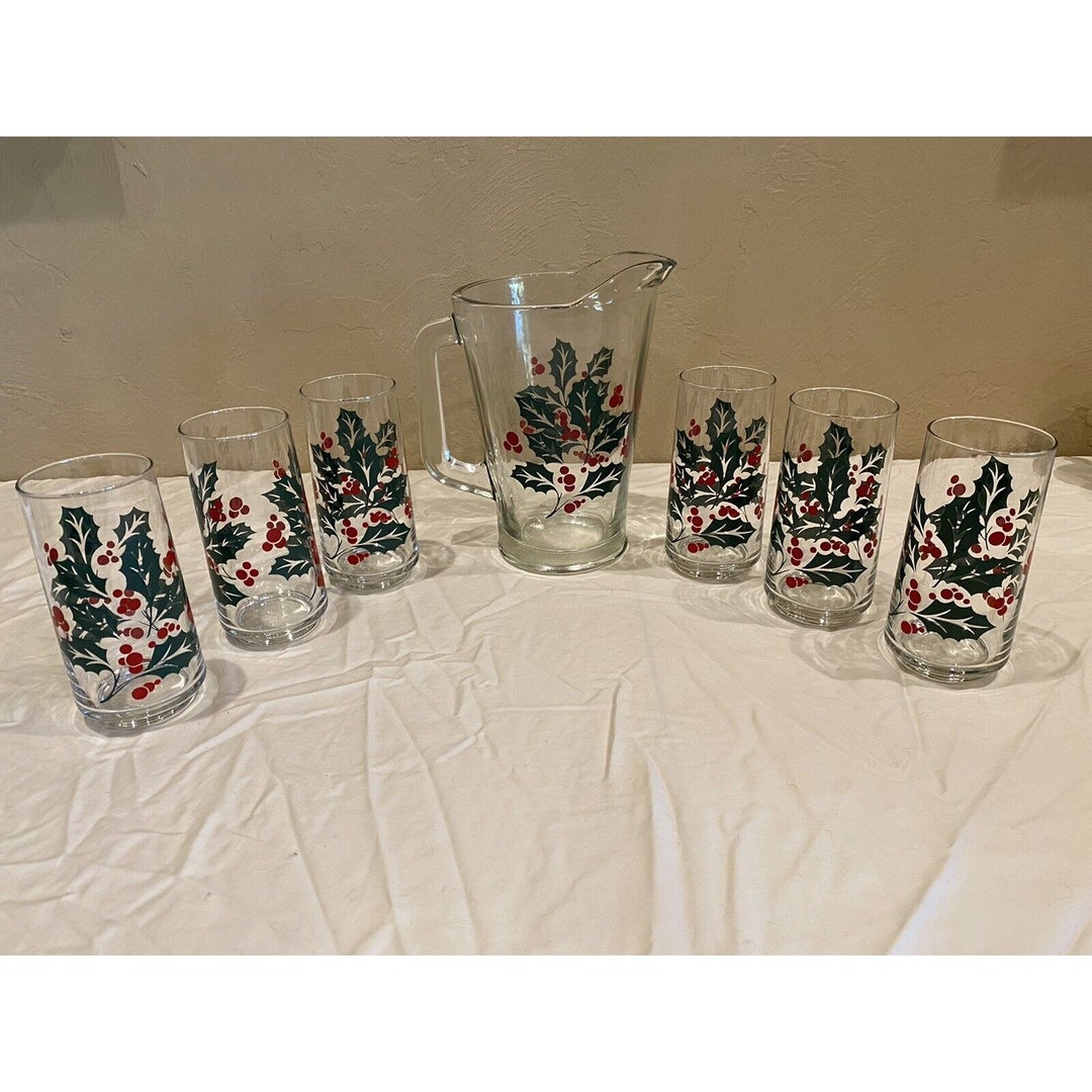 VTG Crisa Glass Holly Berry Christmas Pitcher W/glasses 7 Piece Set ...