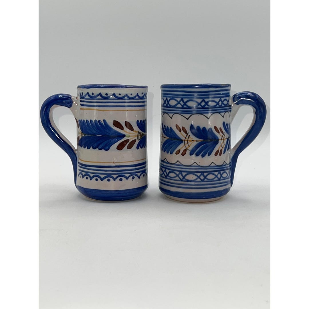 Talavera Mexican Pottery Floral Blue Hand Made/painted Mugs Set of Two ...