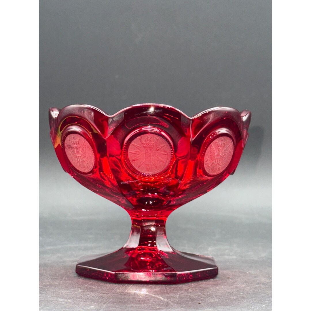 VTG Fostoria Ruby Red Glass Compote With Eagle & Torch Lighthouse Coin ...
