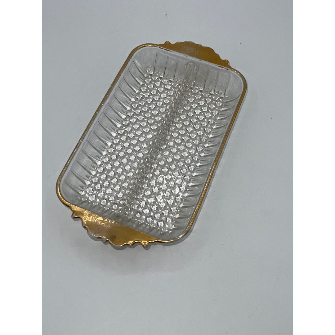 Vintage Clear Glass Divided Relish Dish Gold Gilt Hobnail Rectangle ...