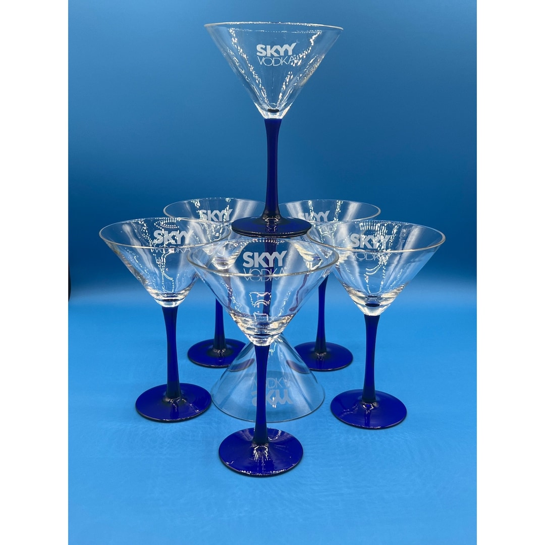 Set of Six Martini Glass SKYY VODKA Etched Clear and Blue Stem Shaken ...