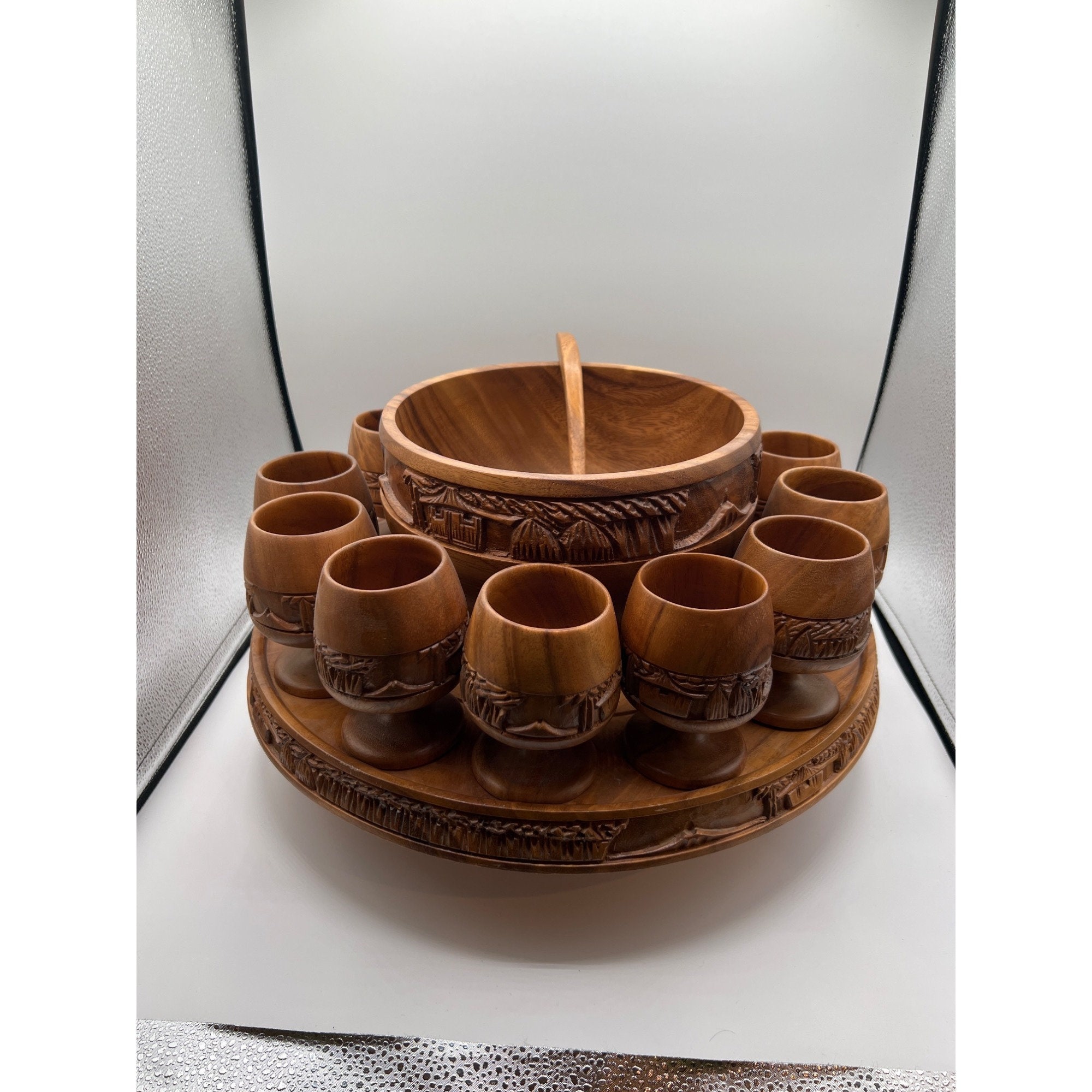 Hand Carved Tiki Wood Lazy Susan Punch Bowl 12 Cups and Ladle ...